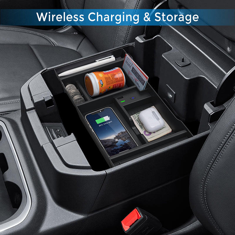 CarQiWireless Wireless Charger Center Console Organizer Tray for Chevy Silverado GMC Sierra 1500 2019 2022 Silverado Sierra 2500HD 3500HD 2020